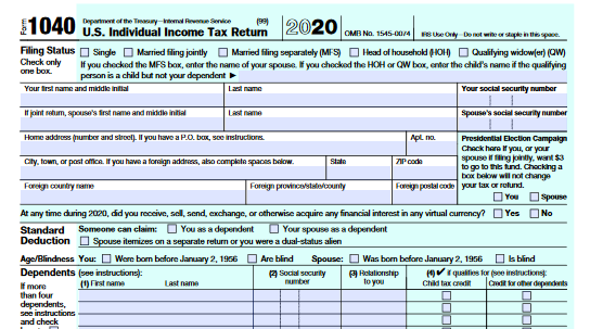 Printable IRS Form 1040 for Tax Year 2020
