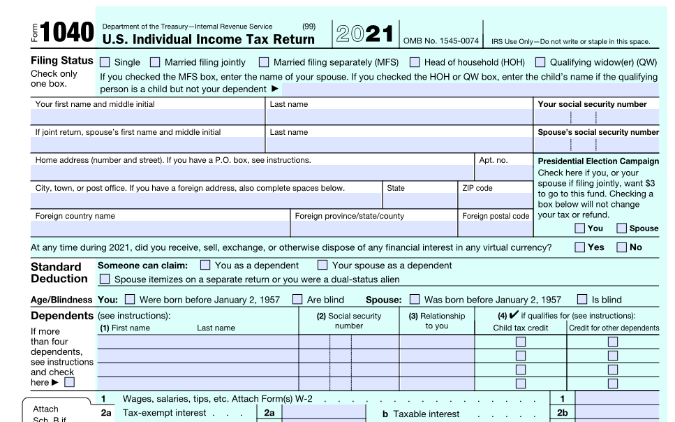 Printable IRS Form 1040 for Tax Year 2021